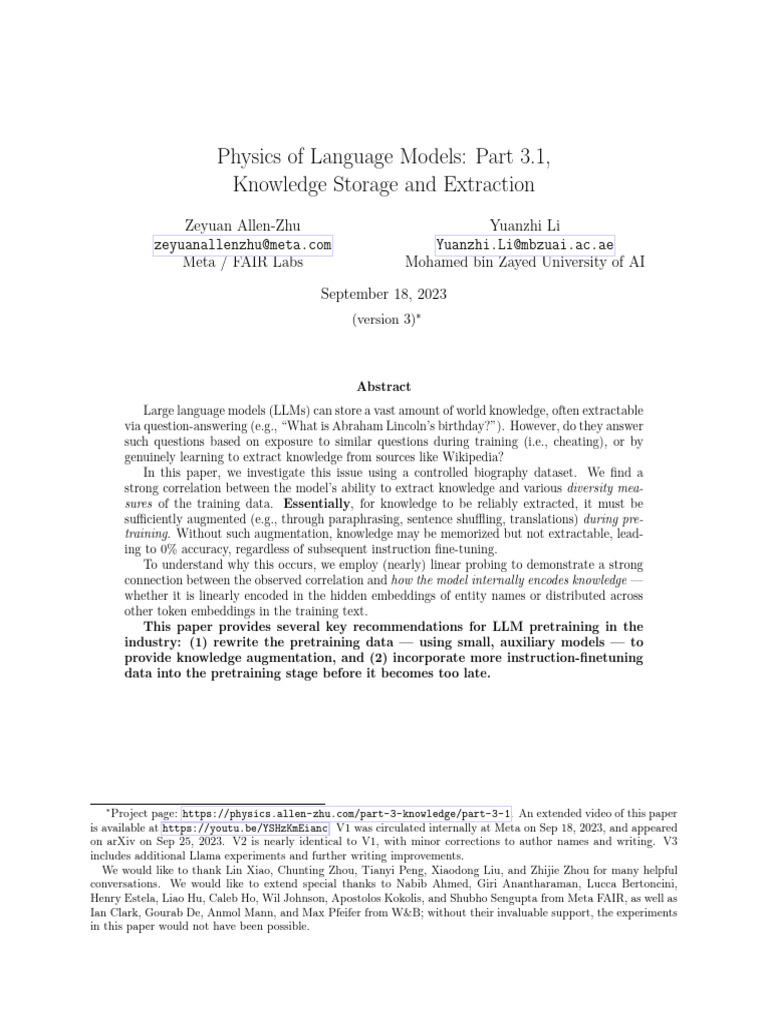 Physics of Language Models Part 3.1 Knowledge Storage and Extraction ...