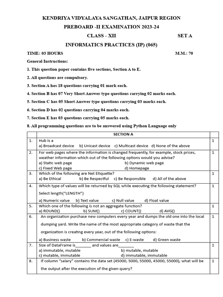 XII IP JPR QP PB2 SET-A | PDF | Sql | Internet