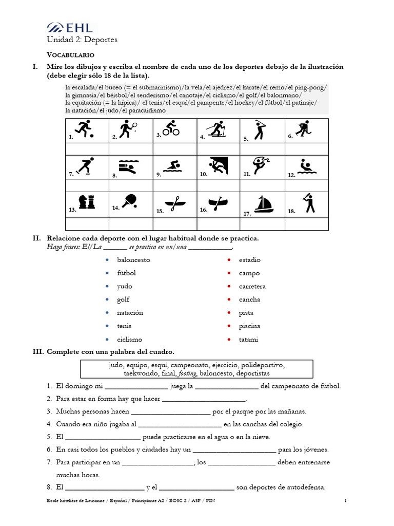 Vocabulario y deportes en español A2 | PDF | Deporte del atletismo ...