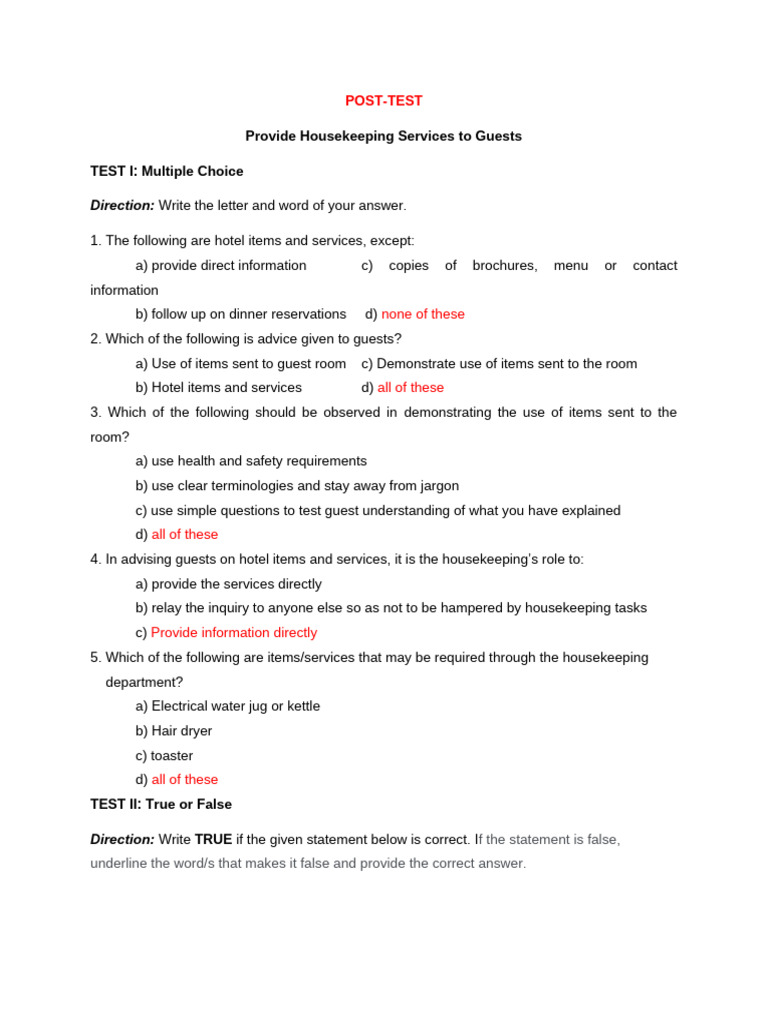 Housekeeping Services Post-Test | PDF
