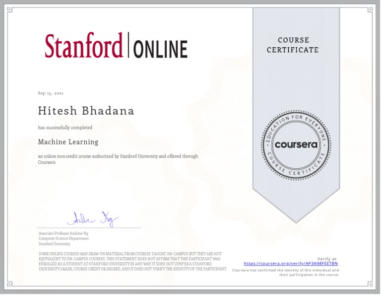 Stanford Machine Learning Course Completion | PDF