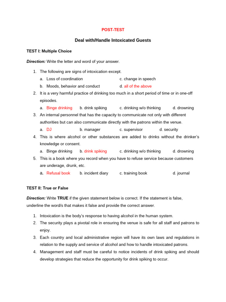 POSTTEST in CORE 6 Deal With or Handle Intoxicated Guests | PDF ...