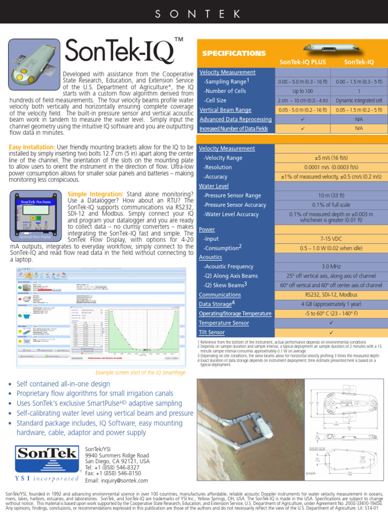 Sontek Iq Spec Sheet | PDF | Sensor