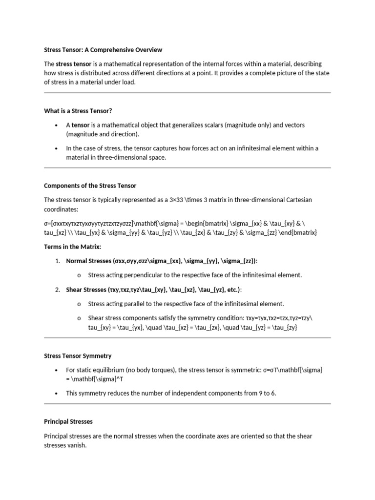 Summarized Notes On Stress Tensor | PDF | Stress (Mechanics) | Tensor