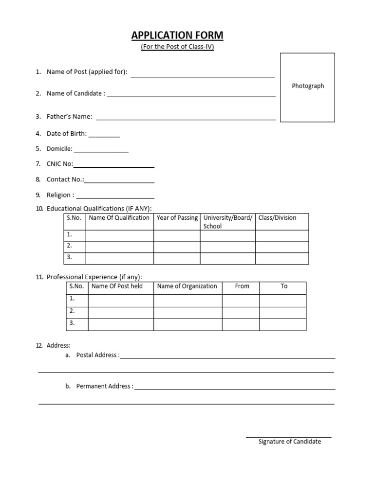 Class IV Application Form | PDF