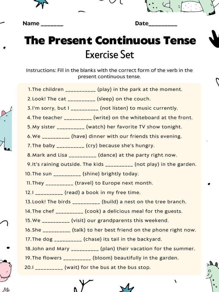 Colorful Illustrative The Present Continuous Tense Grammar Worksheet | PDF