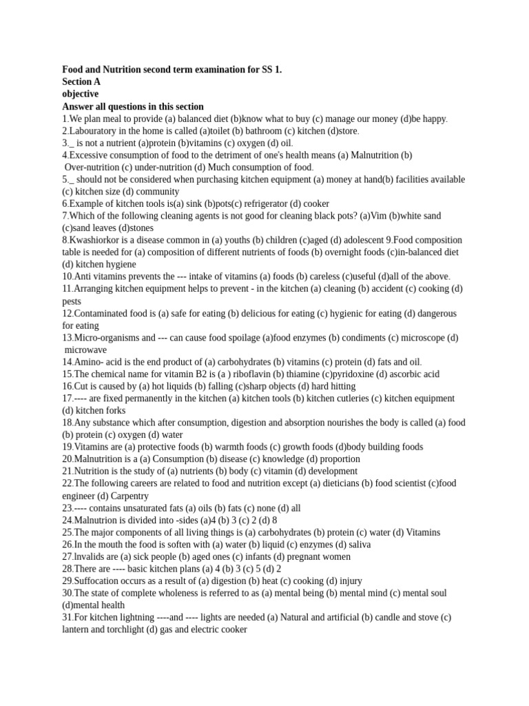 Food and Nutrition Second Term Examination For SS 1,2,3. | PDF | Foods ...