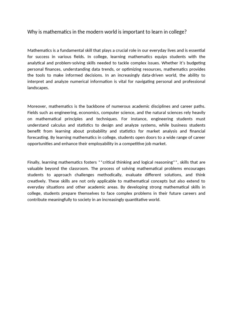 Importance of Mathematics in College | PDF