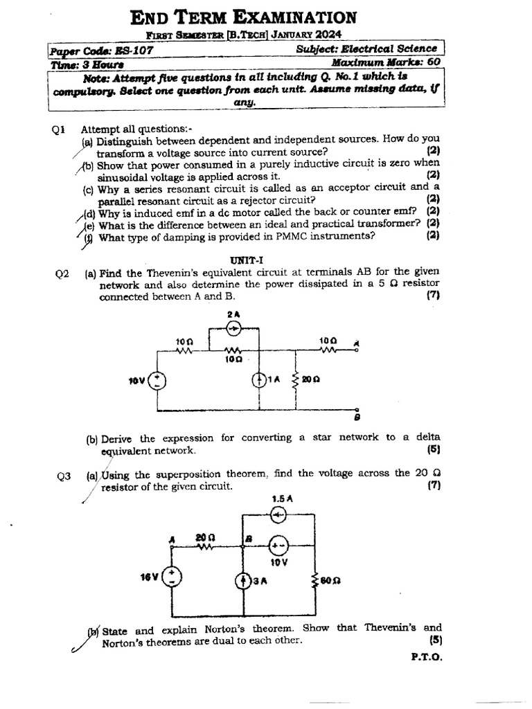 Btech 1 Sem Electrical Science Es 107 Jan 2024 | PDF