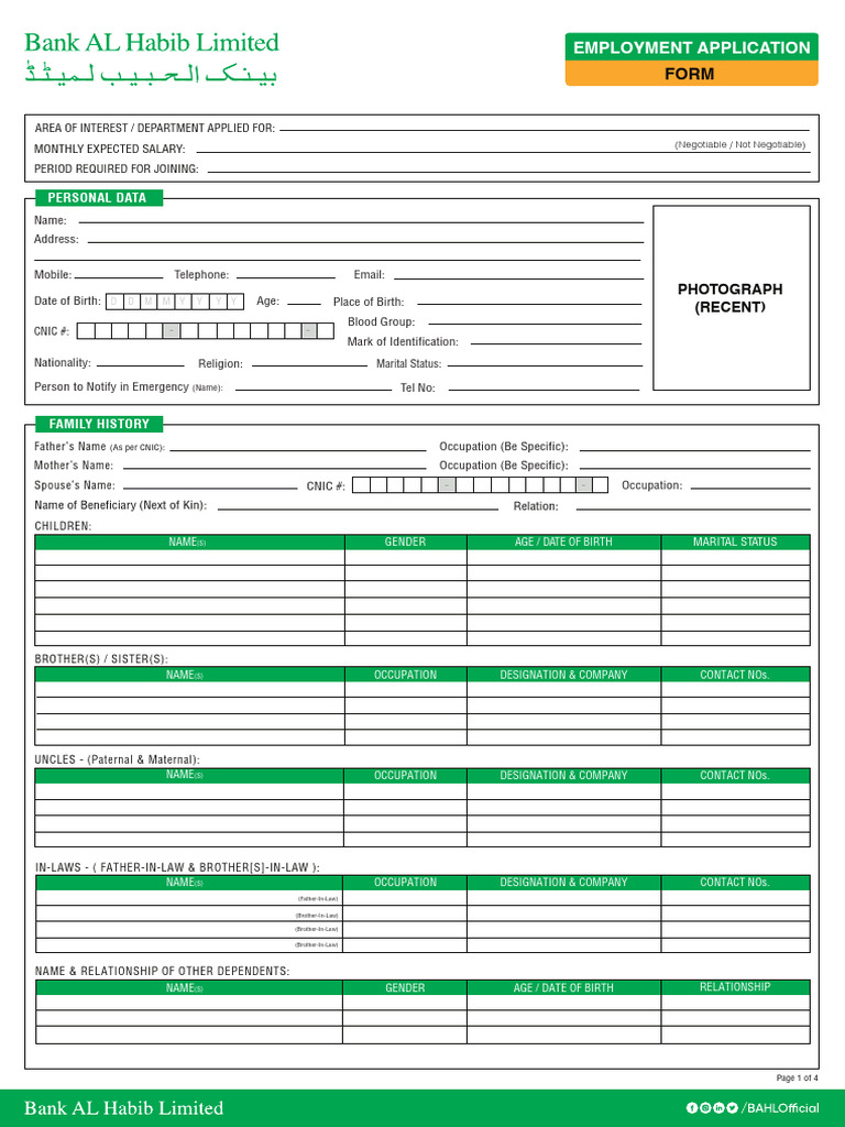 BAHL - Emp Application Form | PDF
