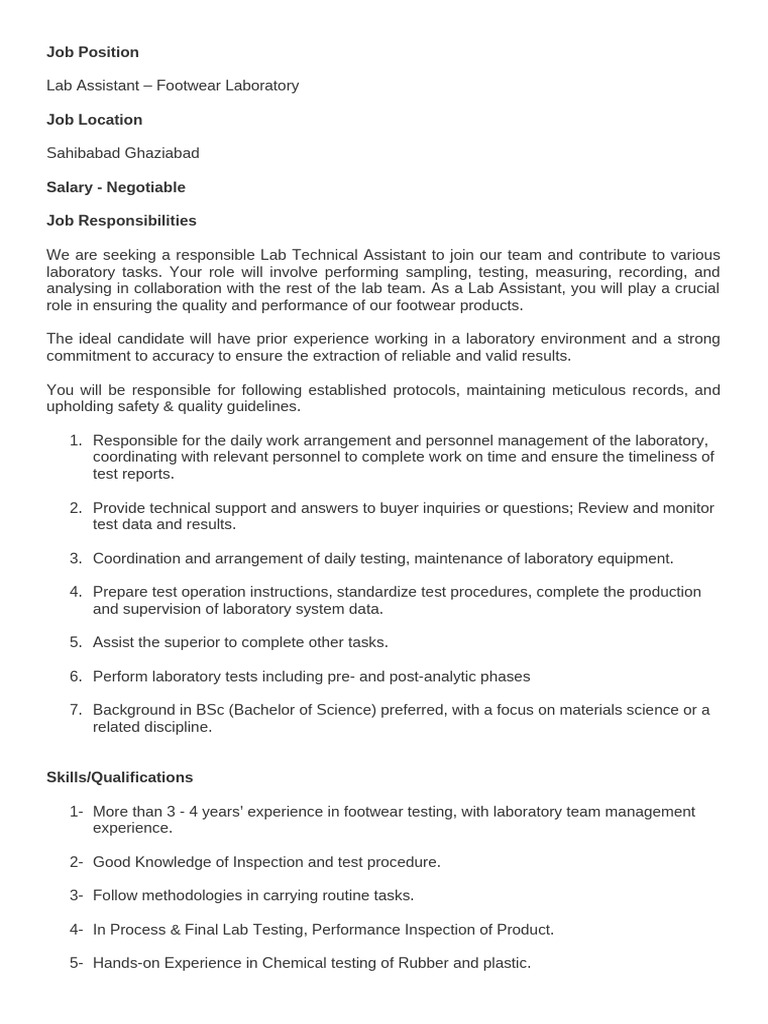 Lab Assistant Job in Footwear Testing | PDF