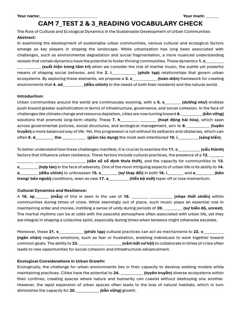 Cam 7 - Test 2 & 3 - Vocab Check | PDF | Ecology | Sustainability