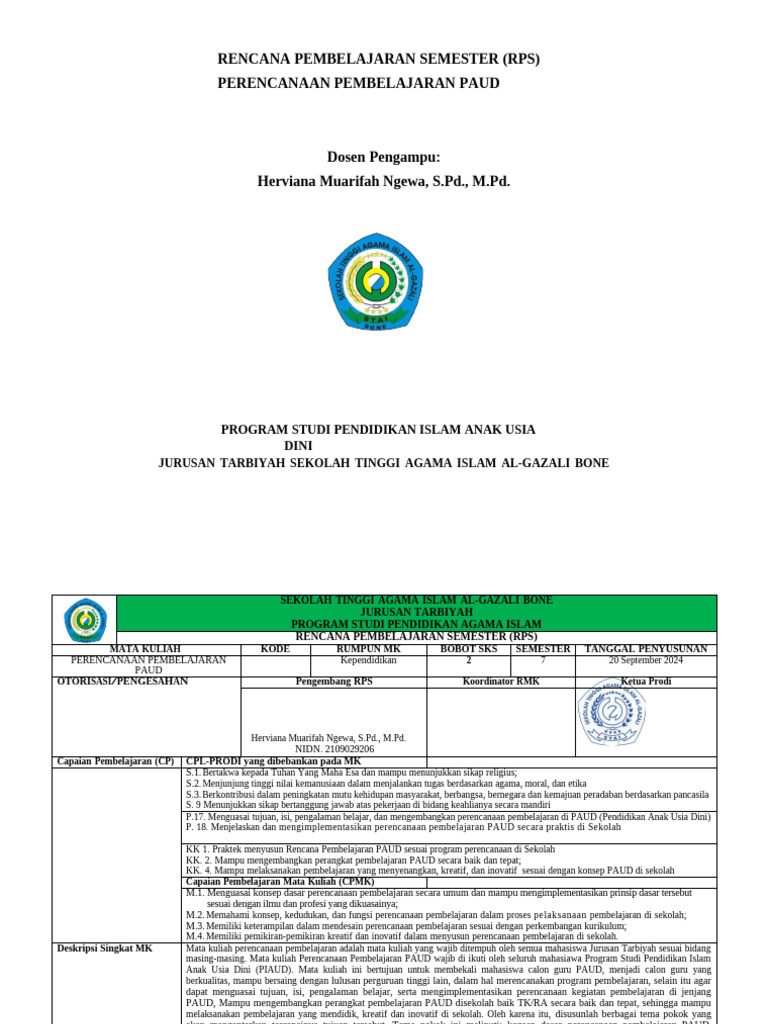 Rps Perencanaan Pembelajaran Paud | PDF