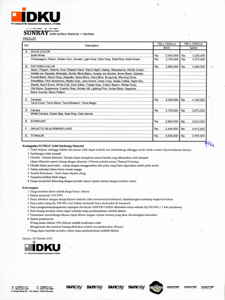 Pricelist SUNRAY Solid Surface (Fabrikasi) - 28 Oktober 2024 | PDF