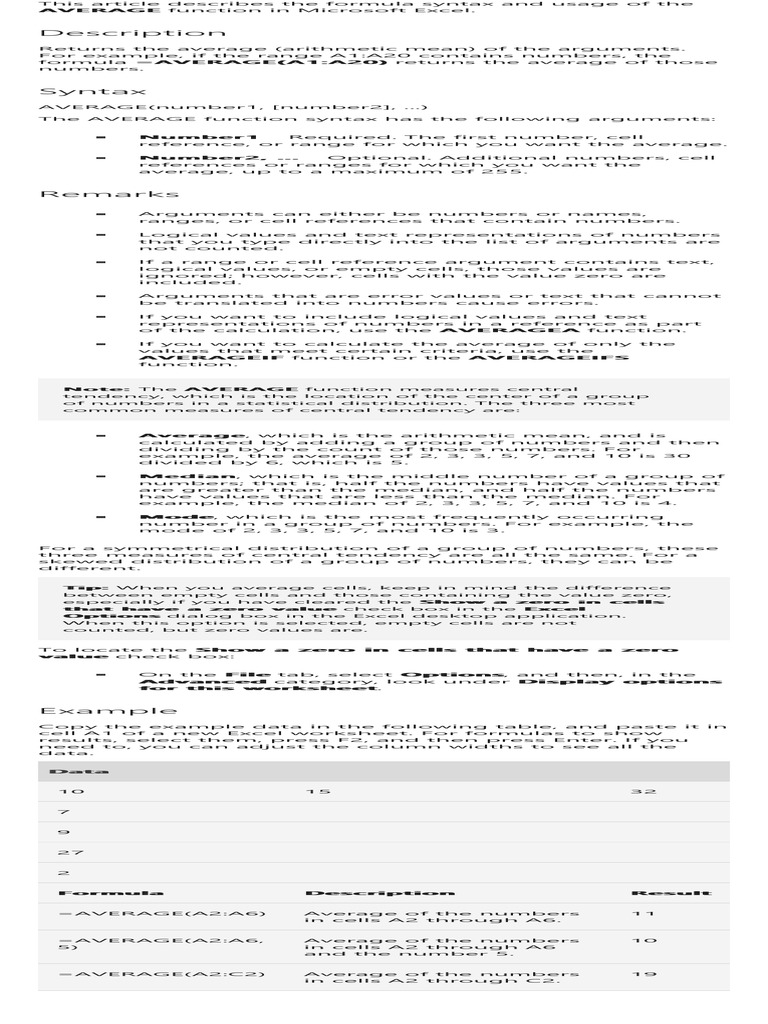 AVERAGE Function - Microsoft Support | PDF | Average | Arithmetic Mean