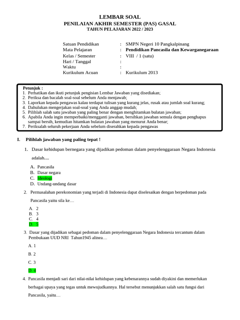 Soal PAS PKn Kelas VIII K13 Des,Tahun 2022 | PDF
