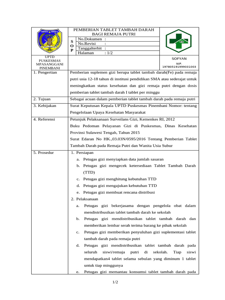 2.6.4 Sop Pemberian TTD Remaja Putri | PDF
