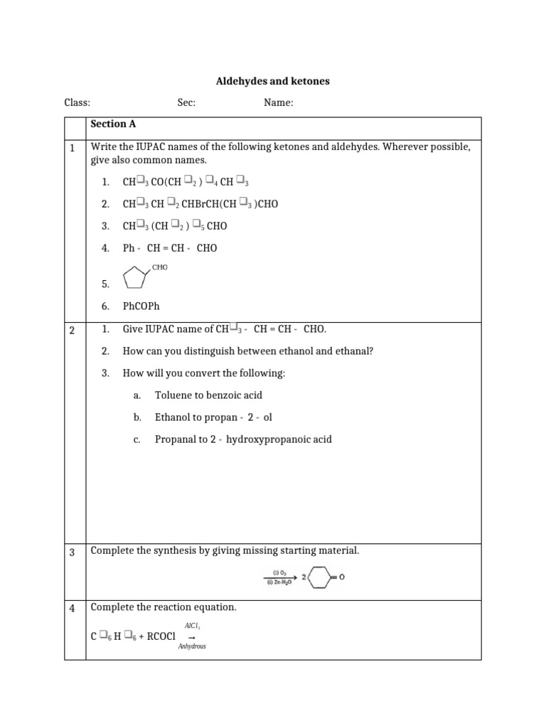 Aldehydes and Ketones Worksheet | PDF | Acid | Carboxylic Acid