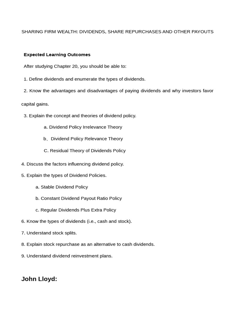 Chapter_20_SHARING_FIRM_WEALTH.docx | PDF | Dividend | Share Repurchase