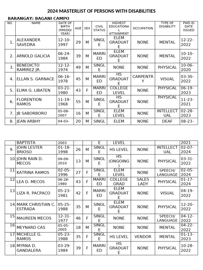 New Format 2024 Masterlist of Persons With Disabilities | PDF ...