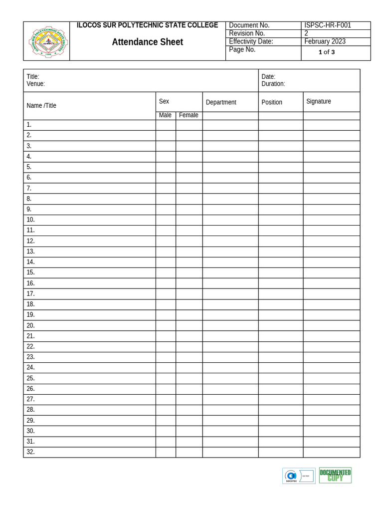 Form 11 Extension Attendance Sheet | PDF