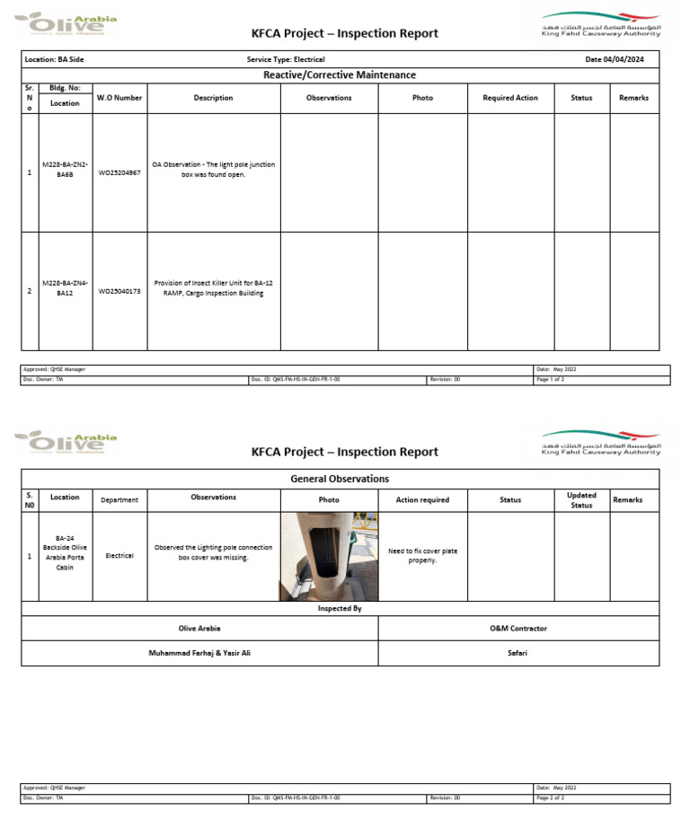 Electrical Inspection report BA Side 04 April 2024 | PDF