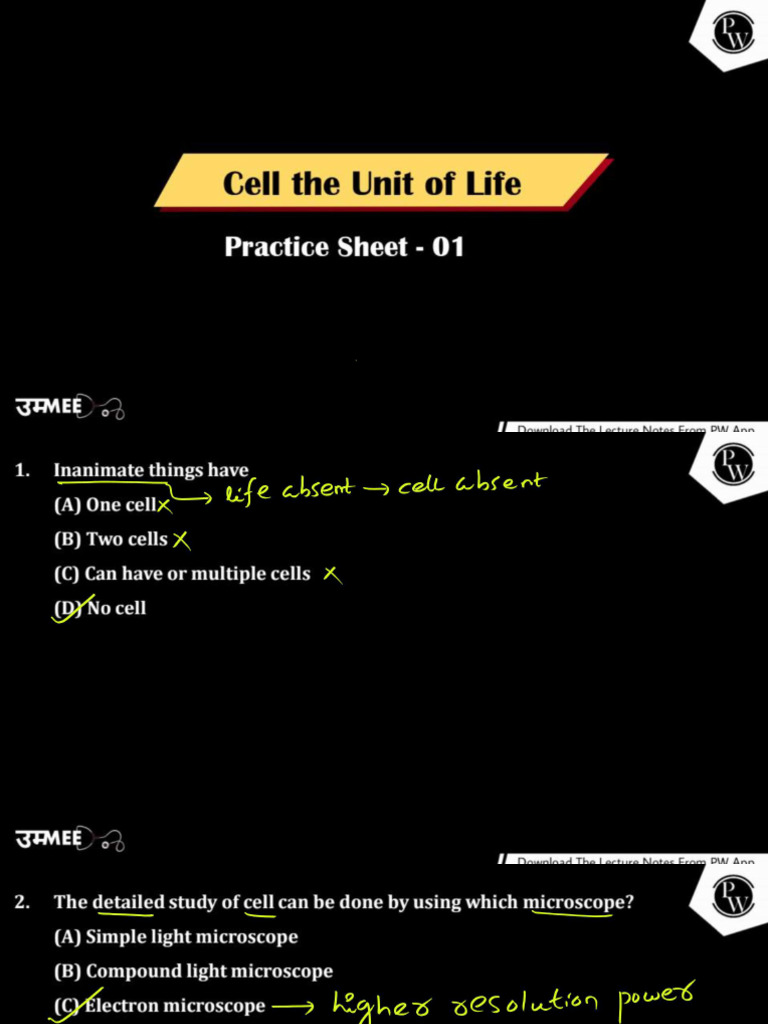 Cell - The Unit of Life - Practice Sheet Solution | PDF