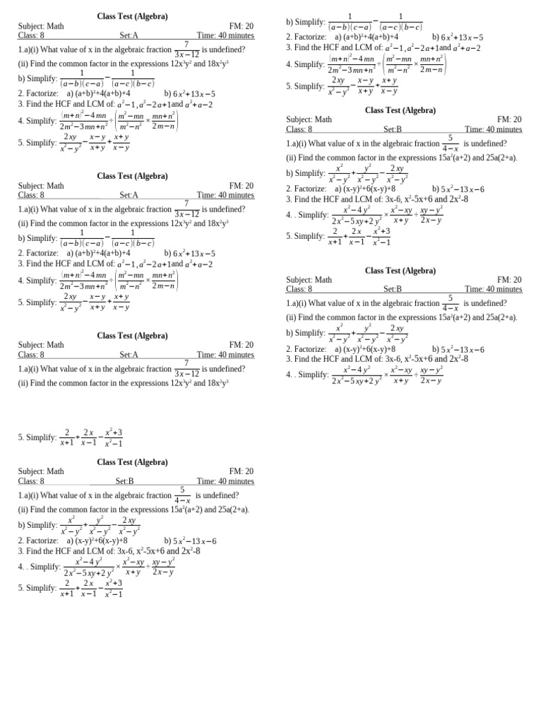 Class 8 Test (Algebra Factorization) | PDF | Division (Mathematics ...