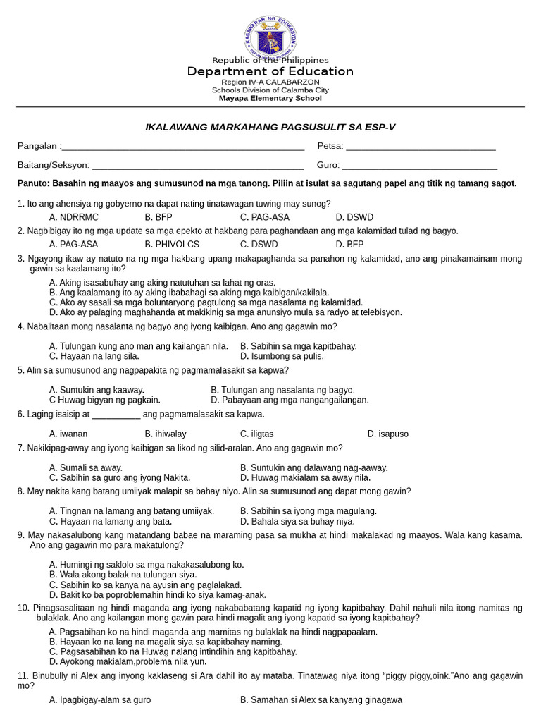 Esp 2nd Quarterly Exam 2024 2025 | PDF