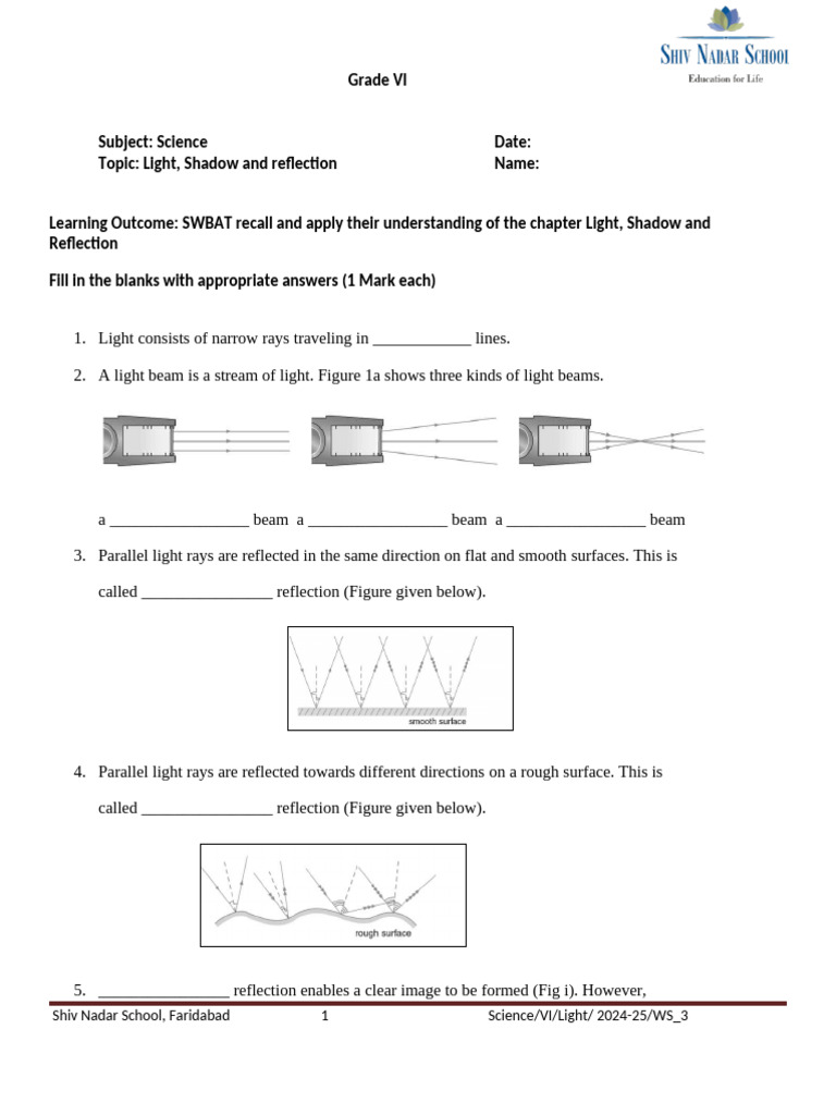 Light Worksheet HE | PDF