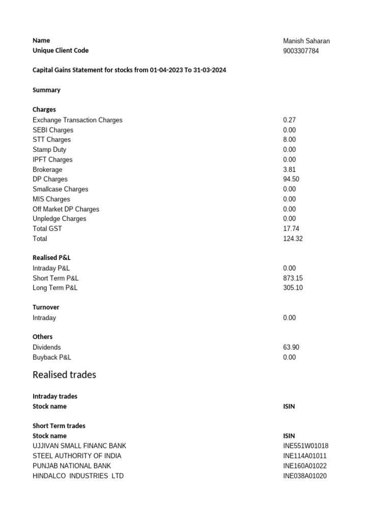 Stocks Capital Gains Report 9003307784 2023 2024 | PDF | Stocks | Day ...