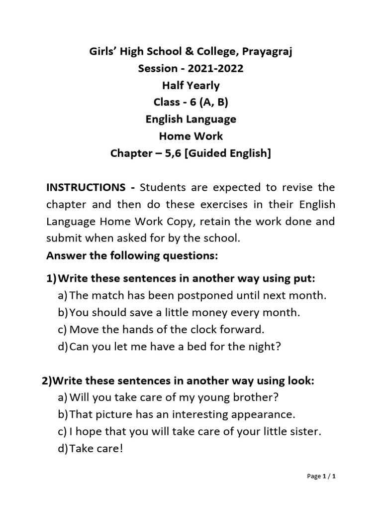 CL 6A, 6B Eng Lang, H.W - 3 | PDF