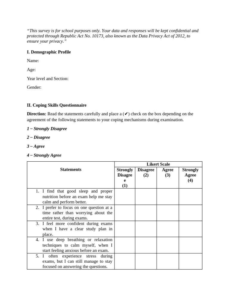 Coping Mechanisms Survey Questionnaire | PDF