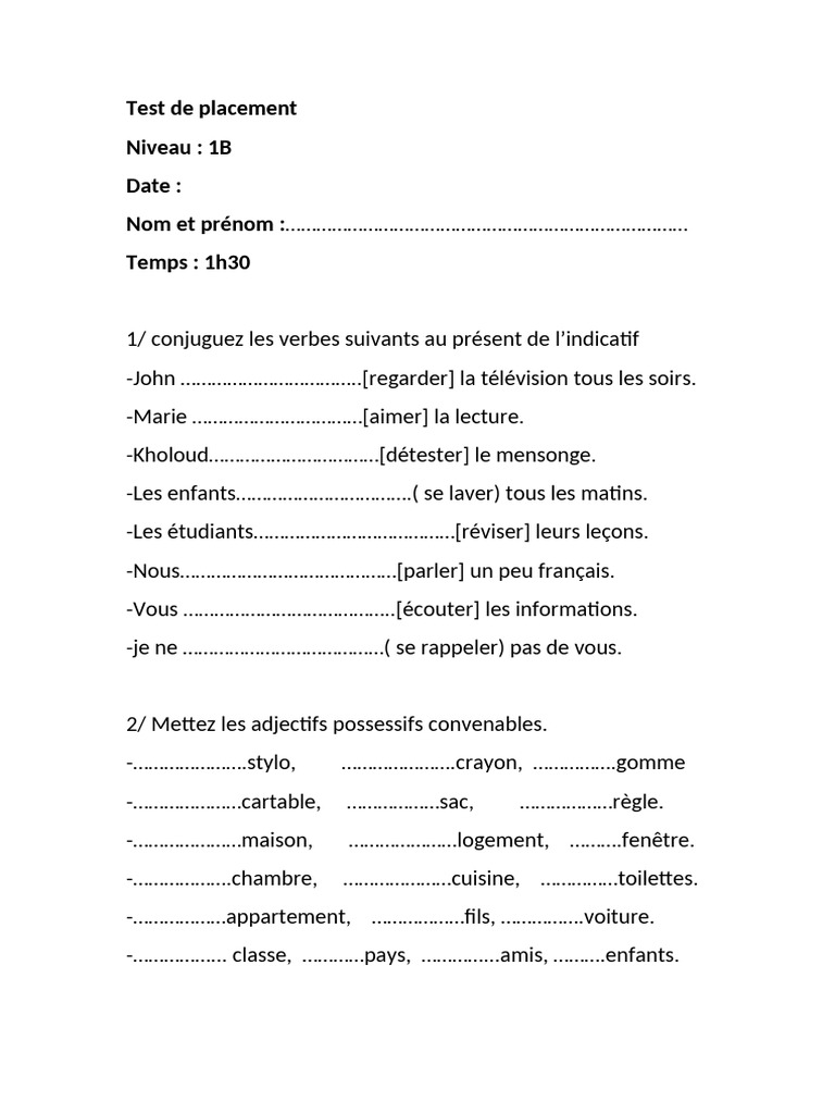 Test de placement en français niveau 1B | PDF