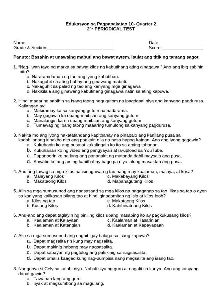 EsP10 - 2ND PERIODICAL TEST | PDF