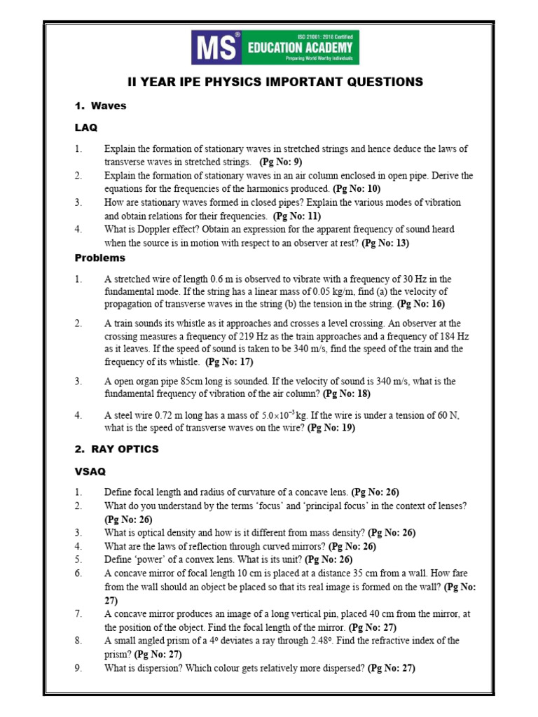 Important Physics Questions for II Year | PDF | Waves | Optics