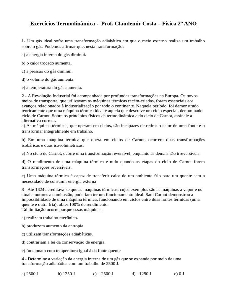 Exercicios Fisca 2 Termodinamica Gases | PDF | Temperatura | Termodinâmica