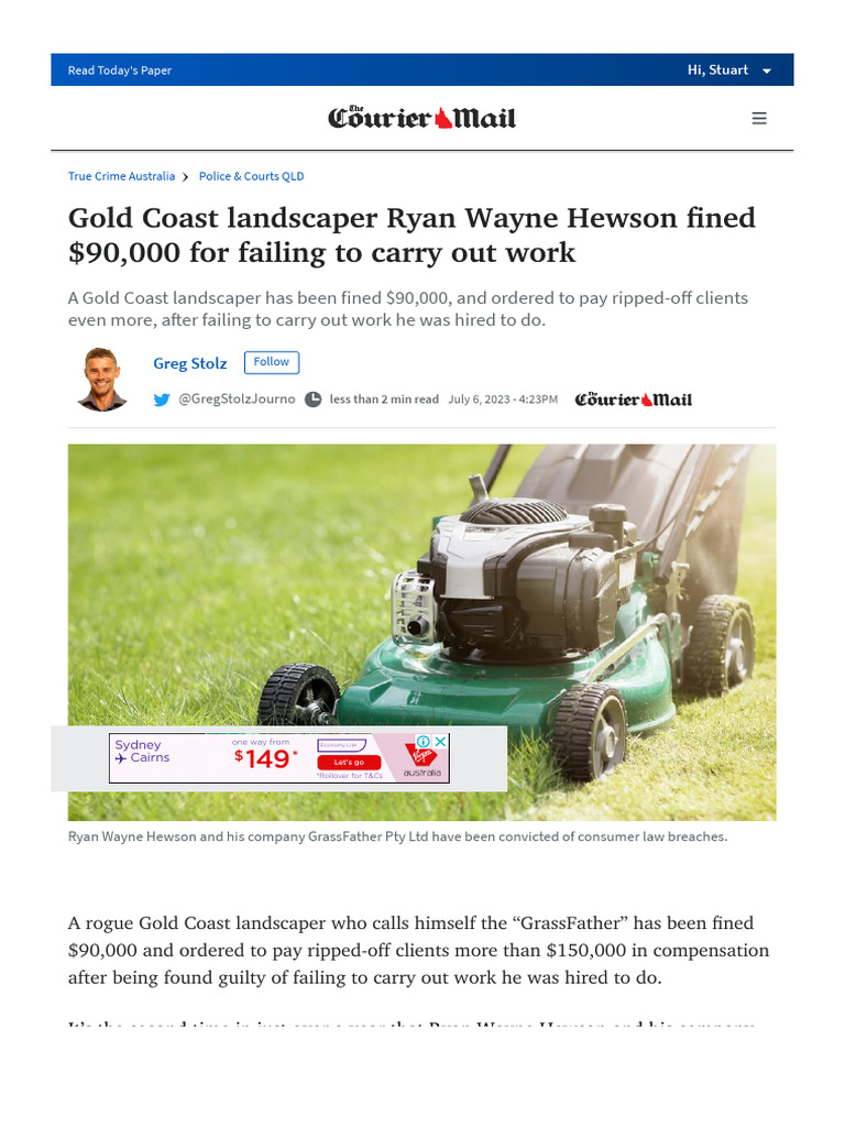 Gold Coast Landscaper Ryan Wayne Hewson Fined $90,000 For Failing To ...