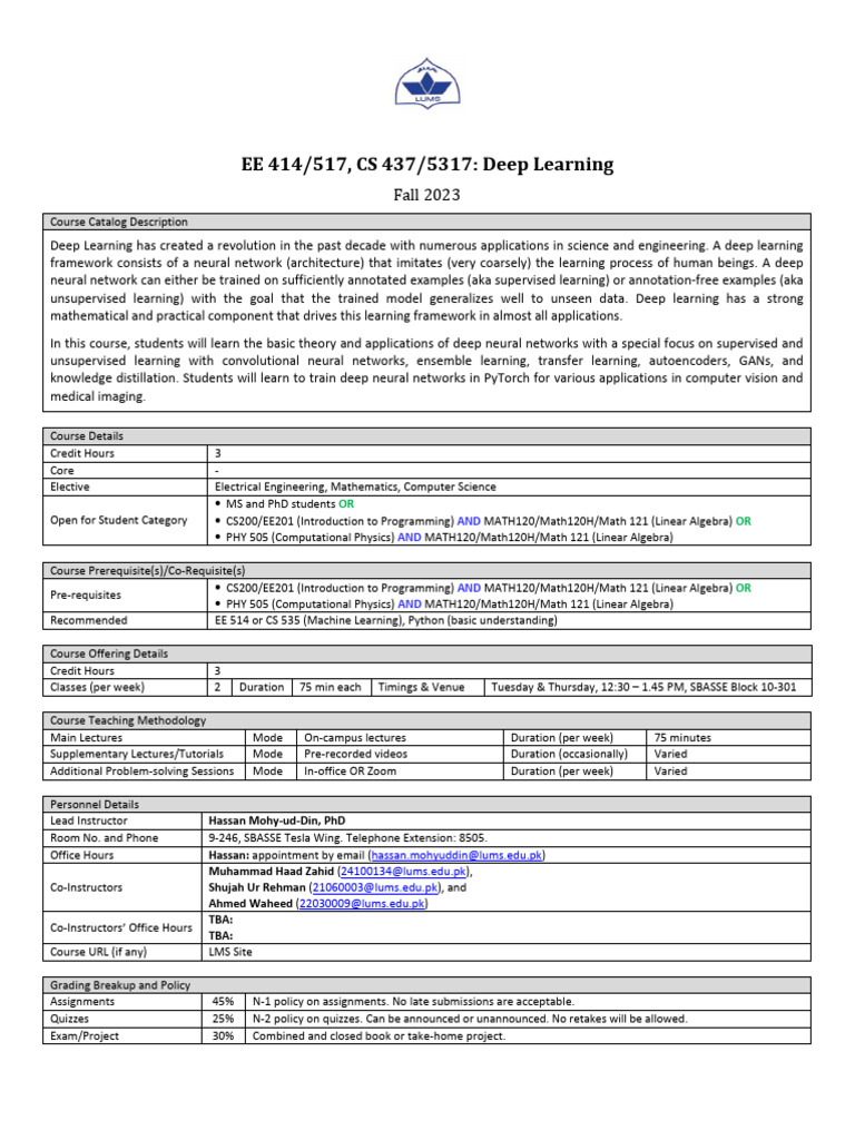 Syllabus-EE 414, 517, Deep Learning, Fall 2023 | PDF | Artificial Neural Network | Deep Learning