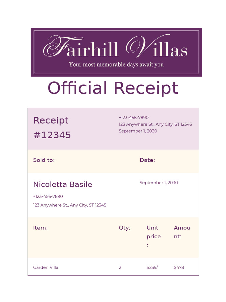 Hotel Receipt Doc in Purple Cream Vintage Cinematica Style | PDF
