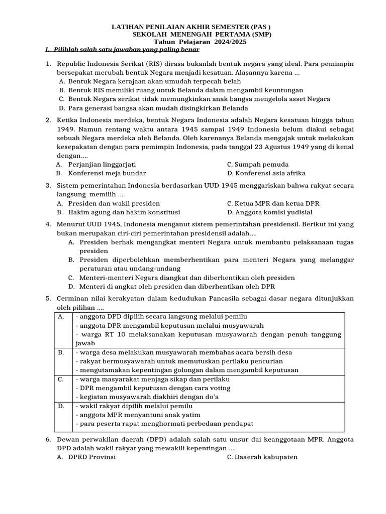 Latihan Soal Pas PPKN Viii 2024 | PDF