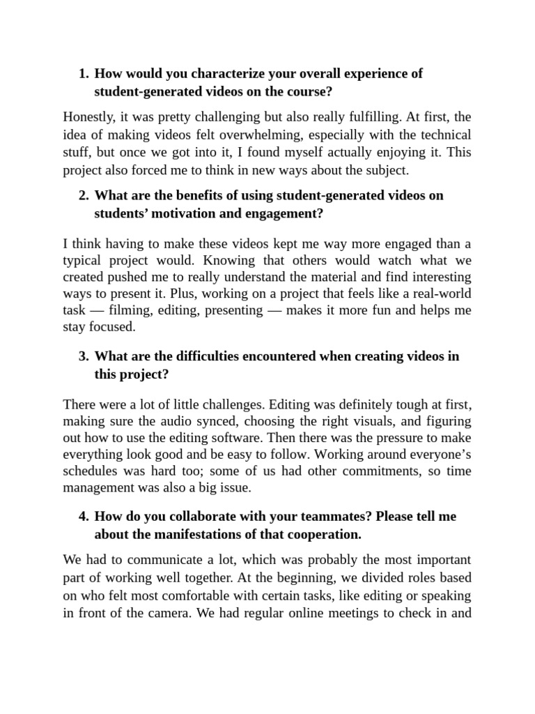 Reflection Questions - Student-generated video | PDF | Human ...