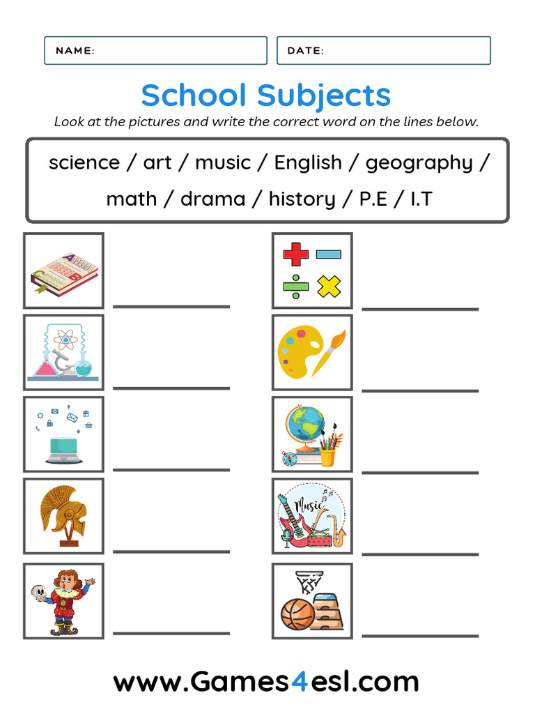 School Subjects Worksheet 2 | PDF