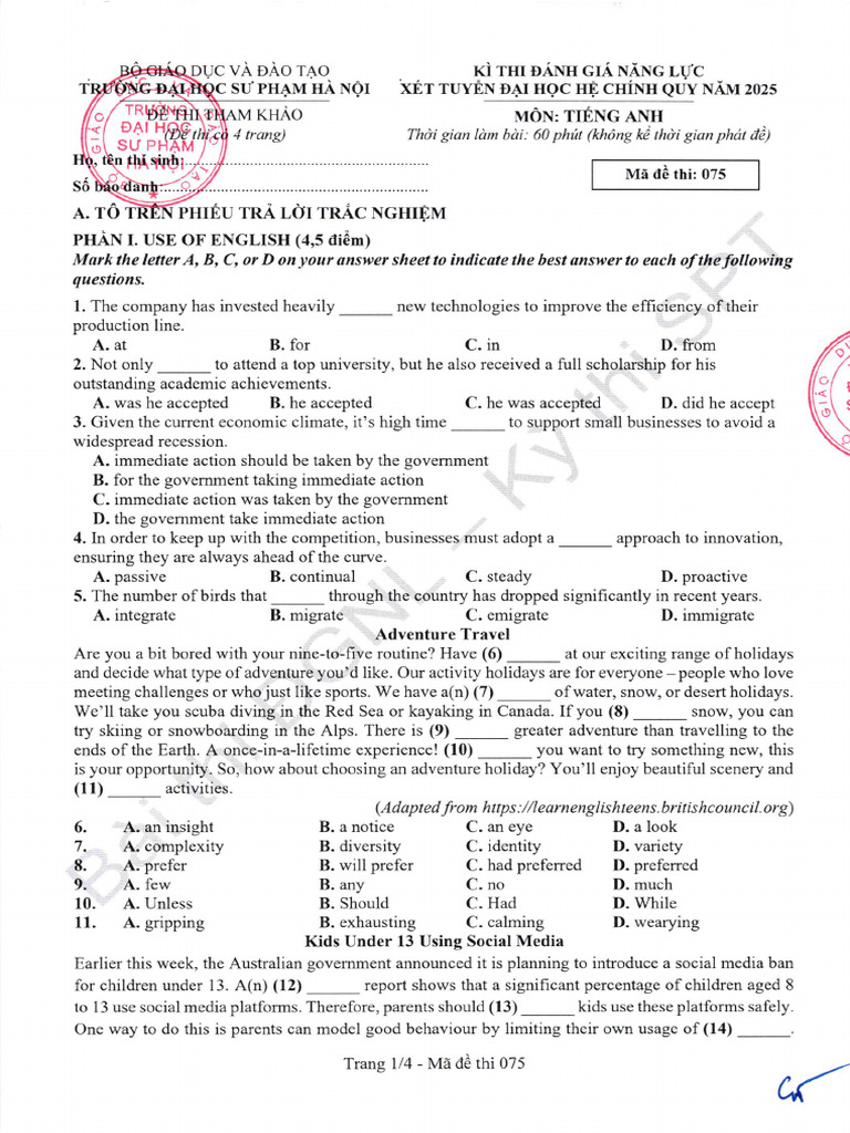 03-De-thi-tham-khao-mon-TIENG-ANH-Ky-thi-SPT-2025 | PDF | Conservation Biology | Whales