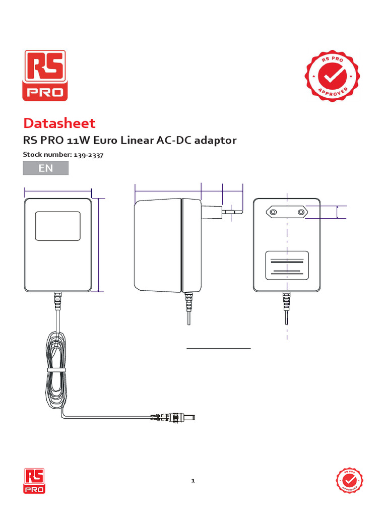 Datasheet: RS PRO 11W Euro Linear AC-DC Adaptor | PDF