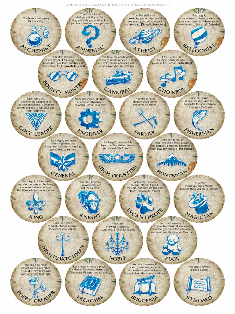 Blood On The Clocktower New Style Experimental Character Tokens A4 PNP ...