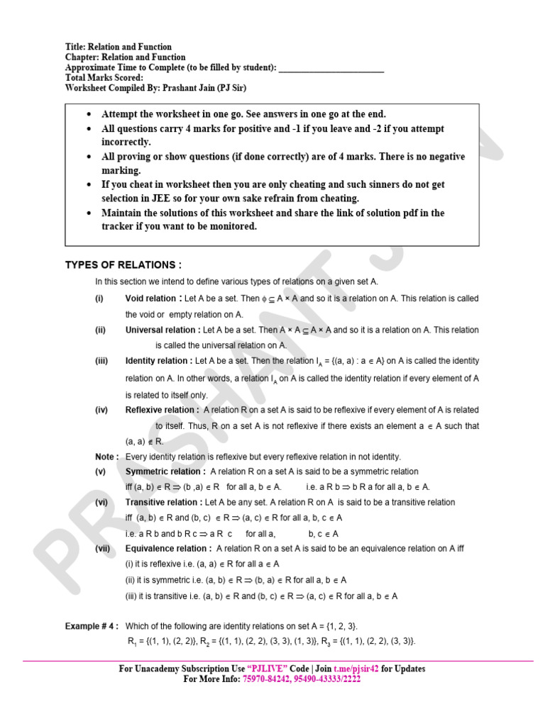 Worksheet-2 Relation and Function-Types of Relations | PDF | Matrix ...