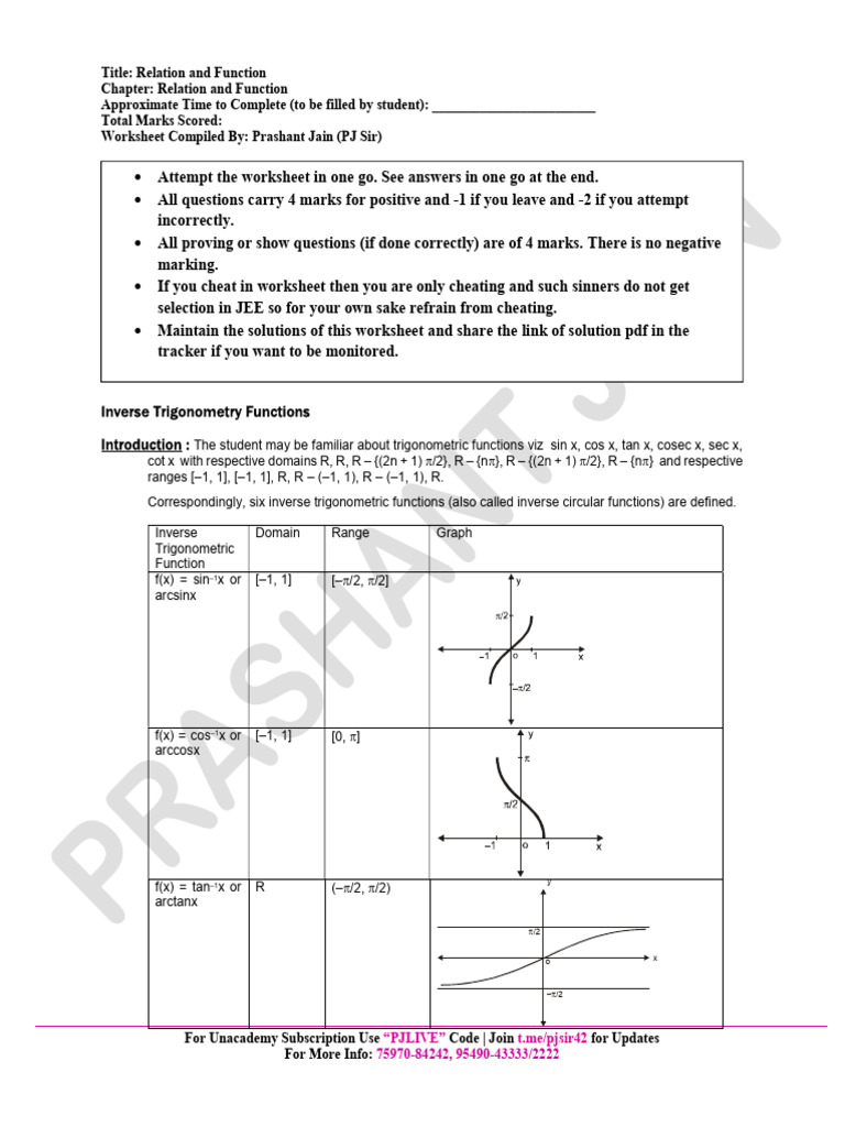 Worksheet 7 Relation And Function Inverse Trigonometric Functions Pdf Trigonometric