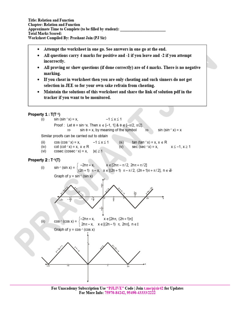 Worksheet-8 Relation and Function-Properties of ITF | PDF | Trigonometry | Mathematical Concepts
