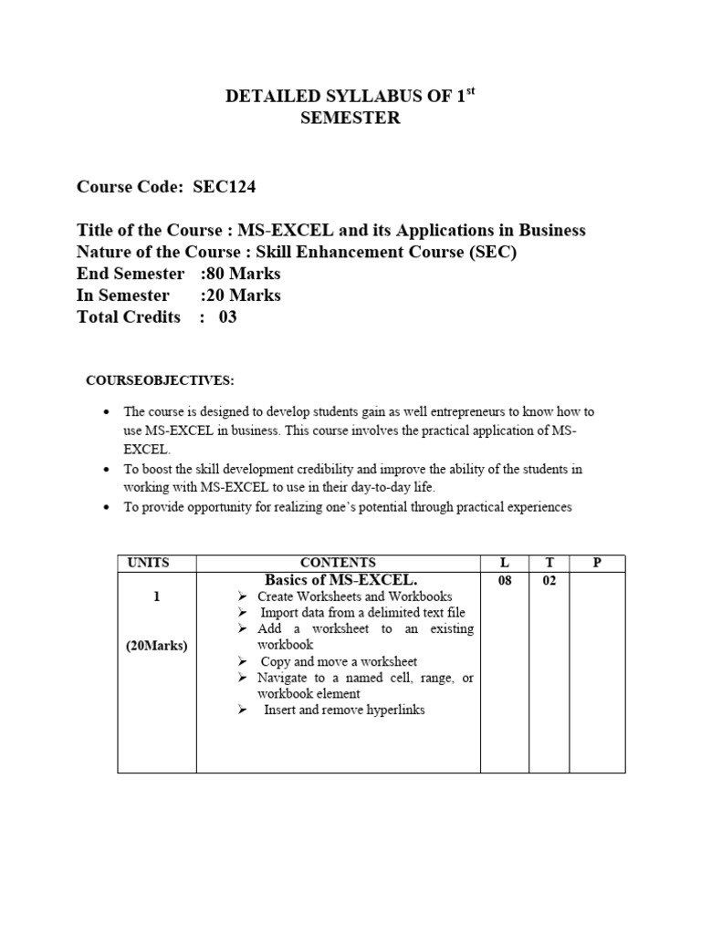 MS-Excel Applications in Business Syllabus | PDF | Microsoft Excel ...